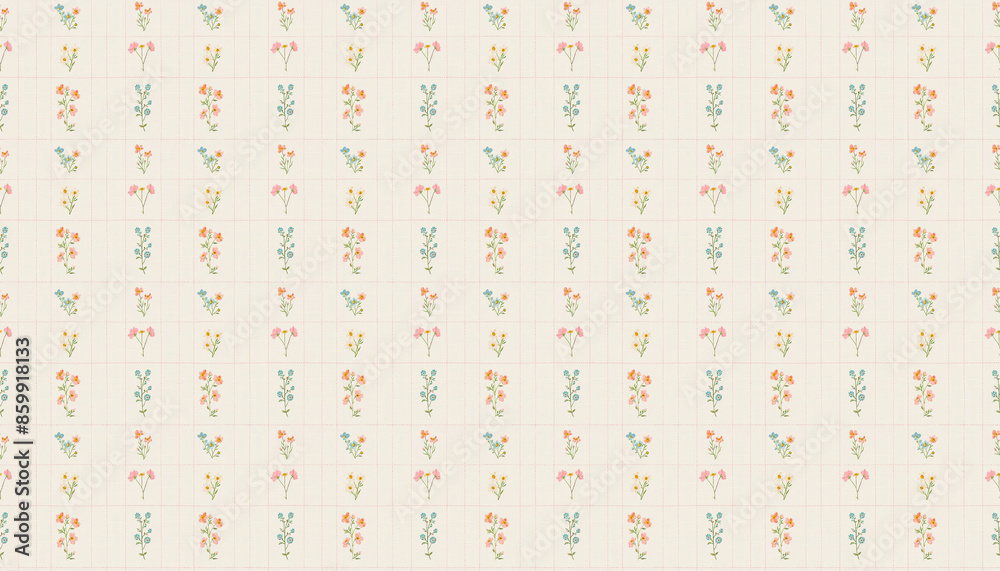 A pattern that features small flowers in grids in pastel colors on ...