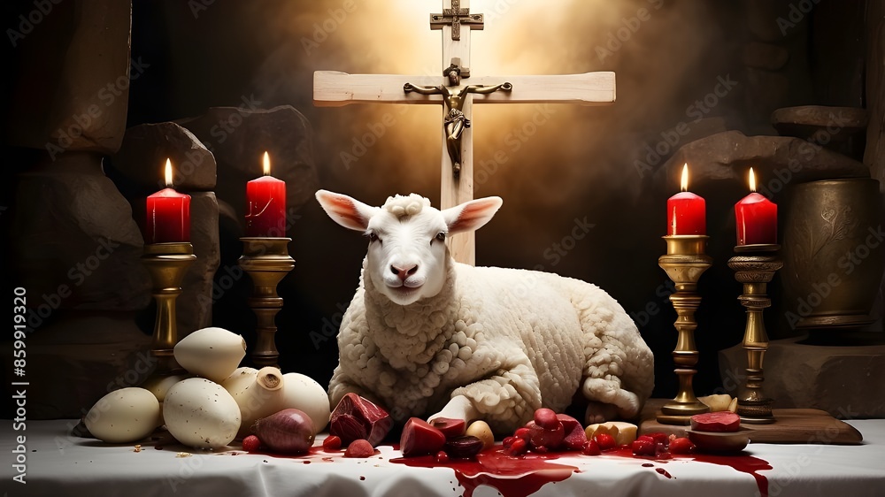 sheep and lamb on church table for sacrifice,The blood of the lamb ...