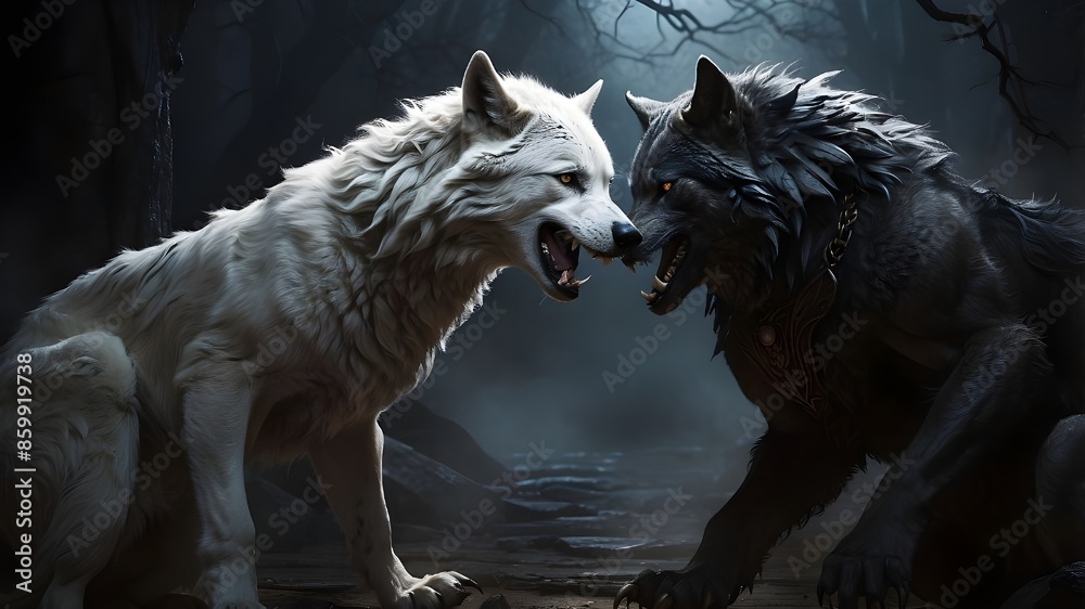 wolf in the forest,white versus black wolves - duel of good and evil ...
