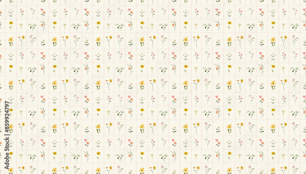 A pattern that features small flowers in grids in light colors on white ...