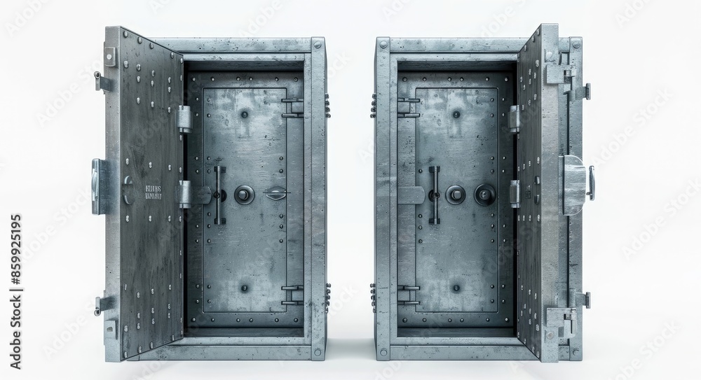 Two grey steel bank safes with open and closed doors isolated on a ...