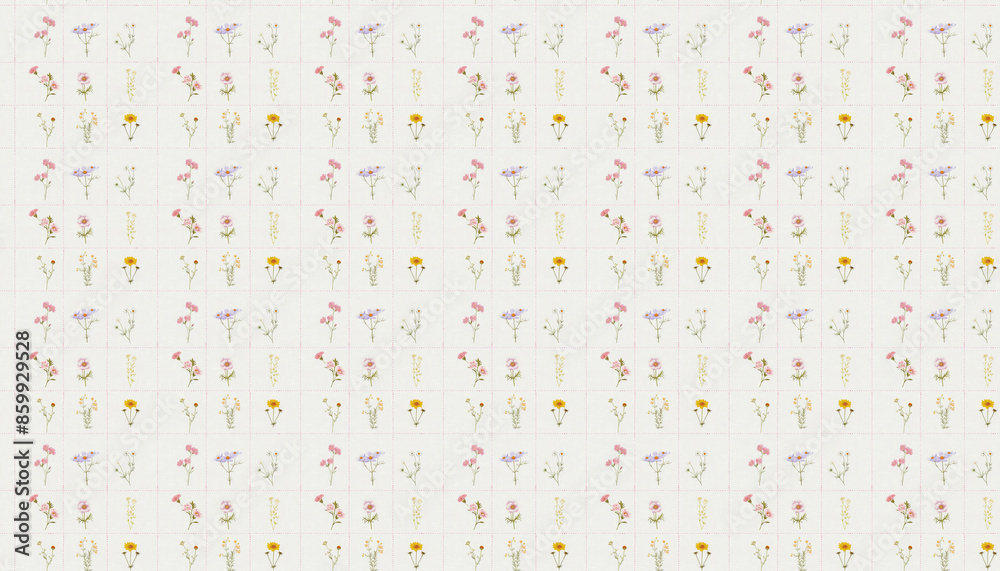A pattern that features small flowers in grids in light colors on white ...