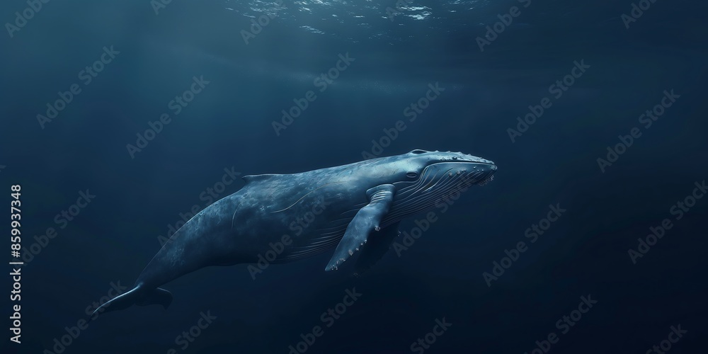 Diving Blue Whale in Deep Ocean A magnificent blue whale diving deep ...