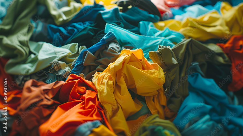 Fast fashion background with pile of cheap low quality clothes Garment ...