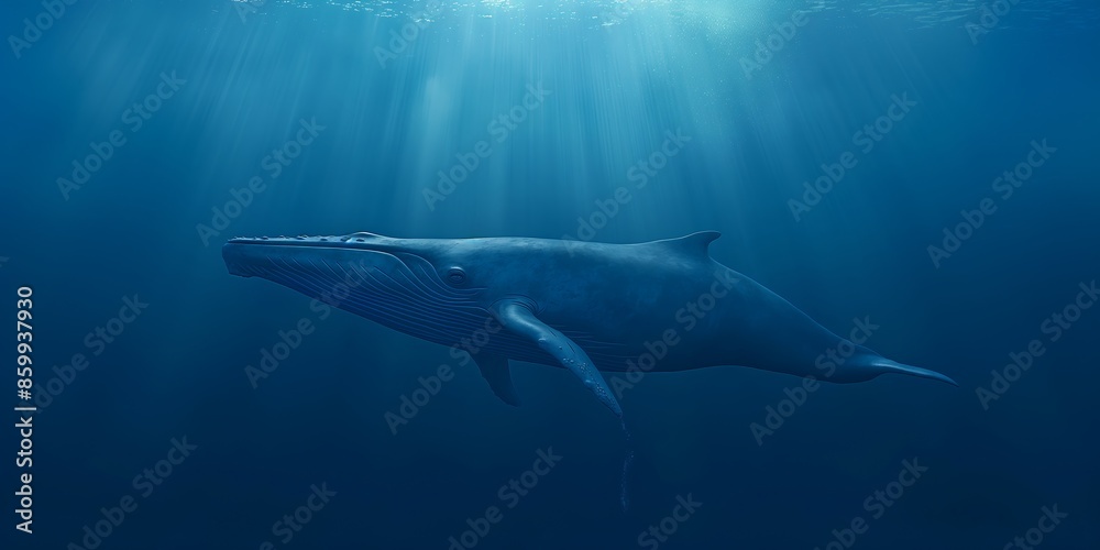 Diving Blue Whale in Deep Ocean A magnificent blue whale diving deep ...