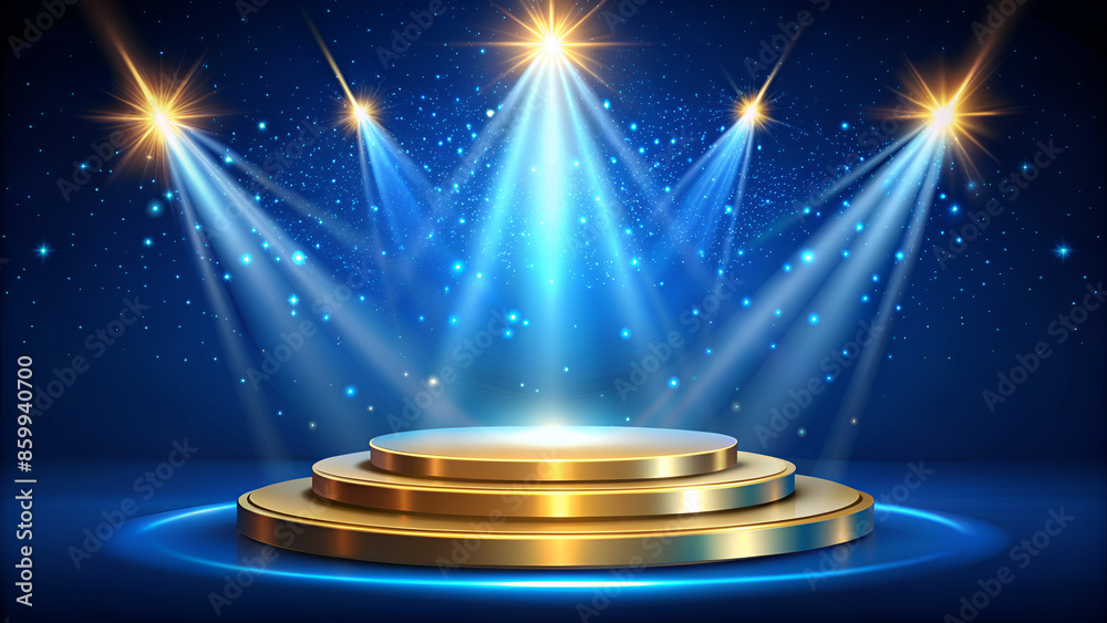 Elegant blue and gold podium with spotlight and sparkling effects ...