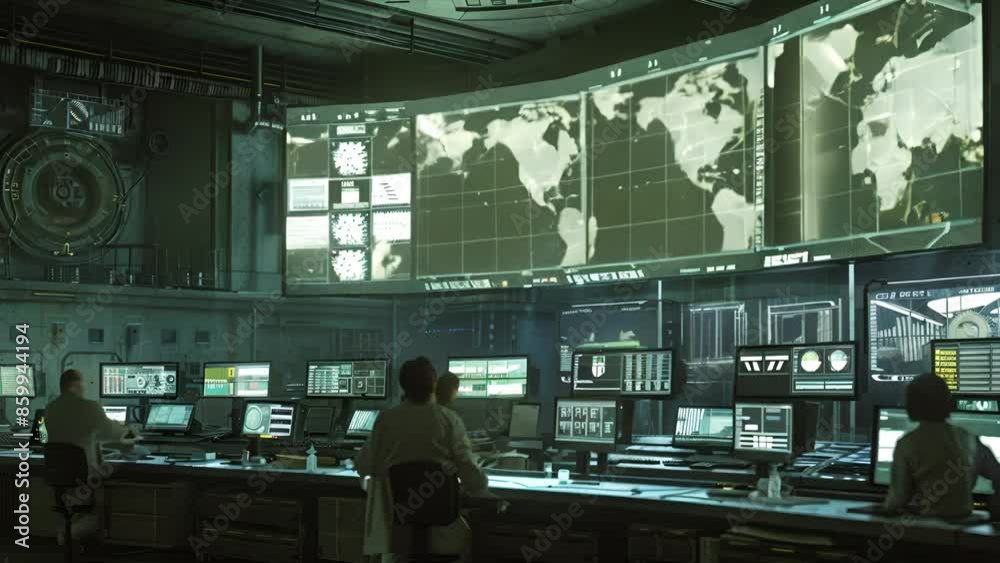 A control room with multiple screens displaying maps and data Stock ...
