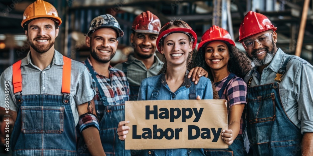 Diverse group of construction workers in safety gear holding a Happy ...