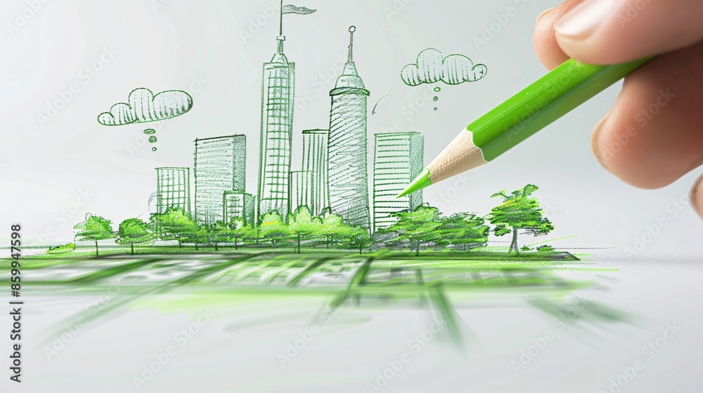 Child drawing outlines sustainability ecology save environment concept ...