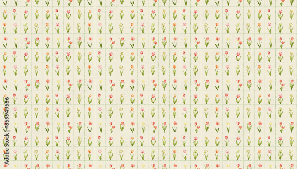 A pattern that features small flowers in grids in pastel colors on ...