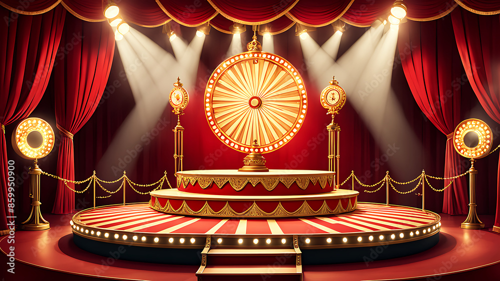 Circus stage podium background 3D carnival light red show curtain ...