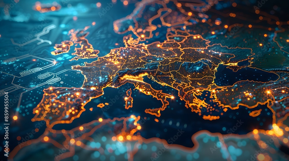 Modern map of Western Europe, illustrating cyber technology and ...