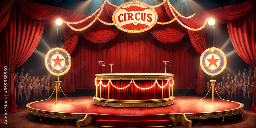 Circus stage podium background 3D carnival light red show curtain ...