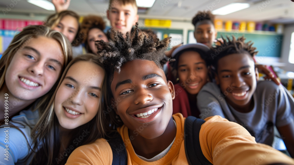 copy space, stockphoto, multiracial high school students taking a ...
