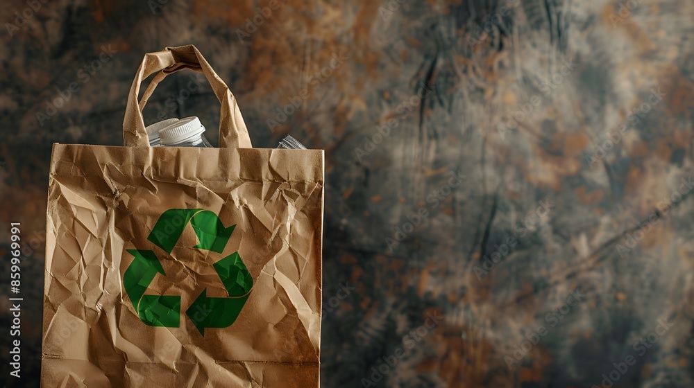 Conceptual design of a recyclable paper bag featuring a green recycle ...