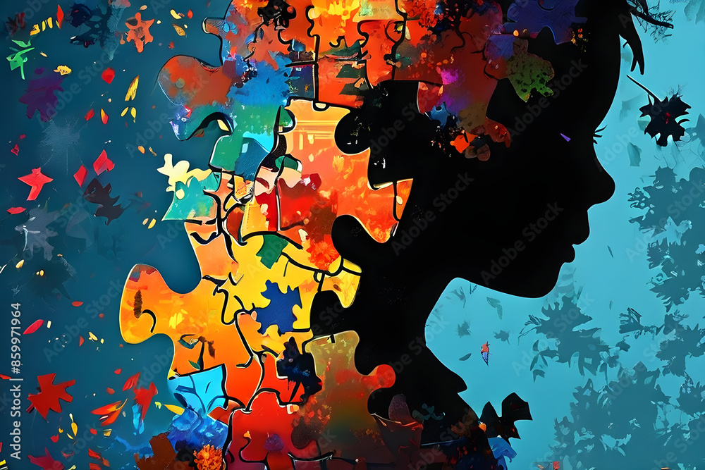 Child silhouette of Jigsaw puzzle pieces for autism neurodiversity ...