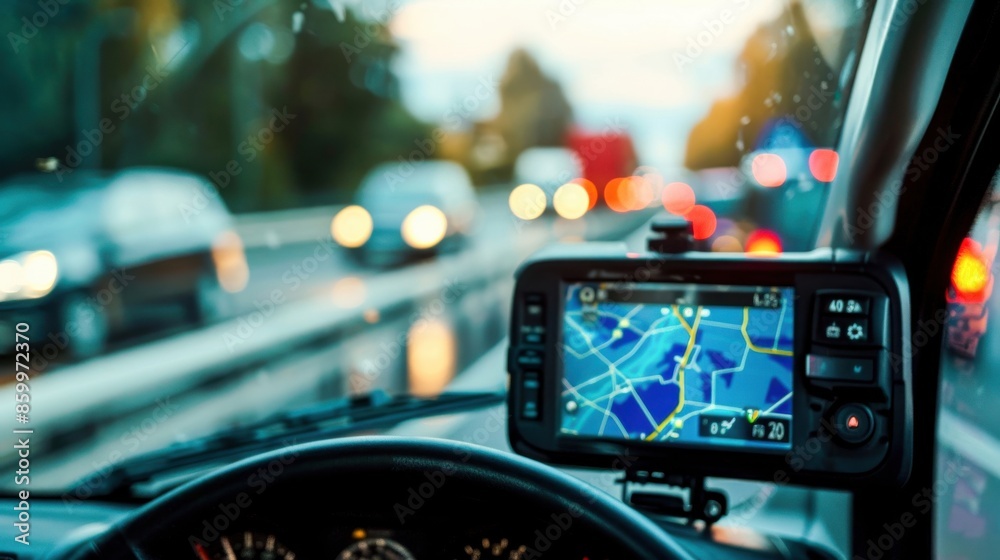 A GPS device displays a map in a cars windshield, guiding the driver ...
