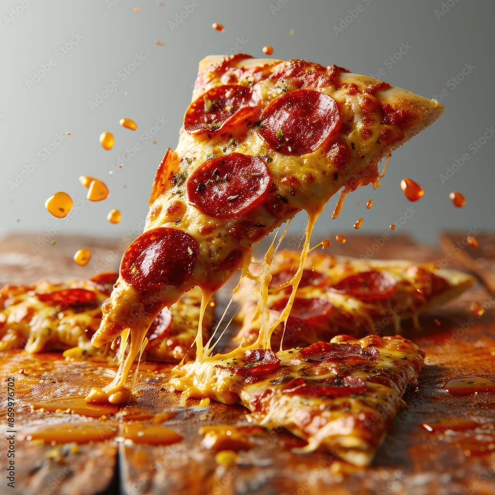 three standart triangle slices pizza with pepperoni and viscous cheese ...