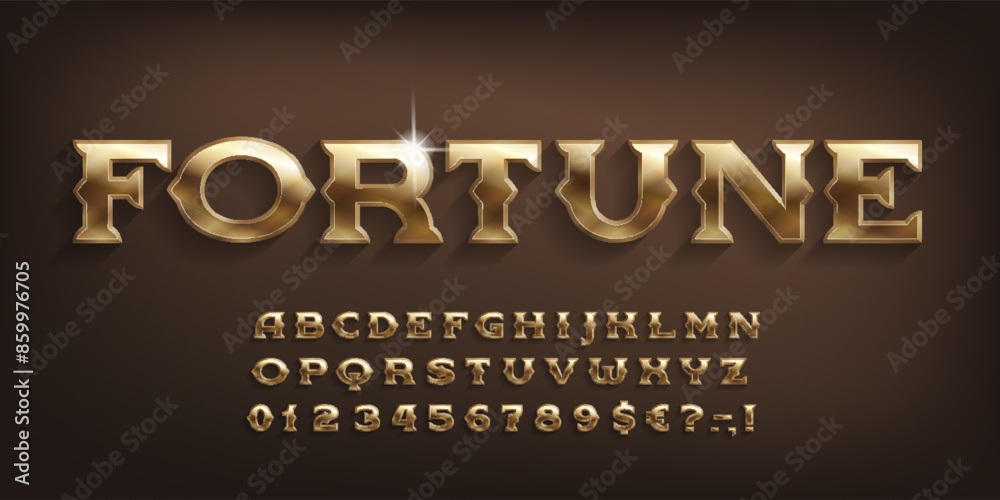 Fortune alphabet font. 3d gold letters and numbers. Stock vector ...