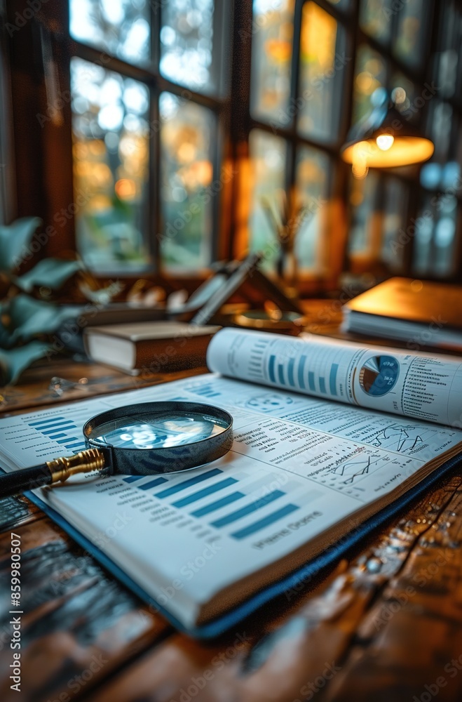 Depicts a detailed financial analysis with a magnifying glass over ...
