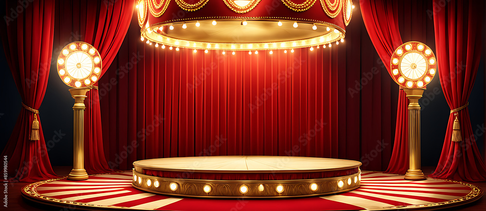 Circus stage podium background 3D carnival light red show curtain ...