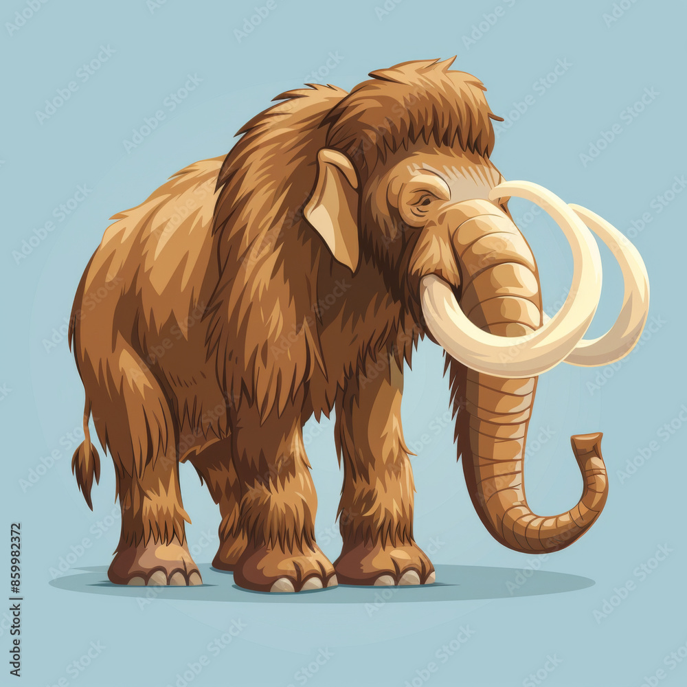 A cute cartoon illustration of a woolly mammoth with large tusks ...
