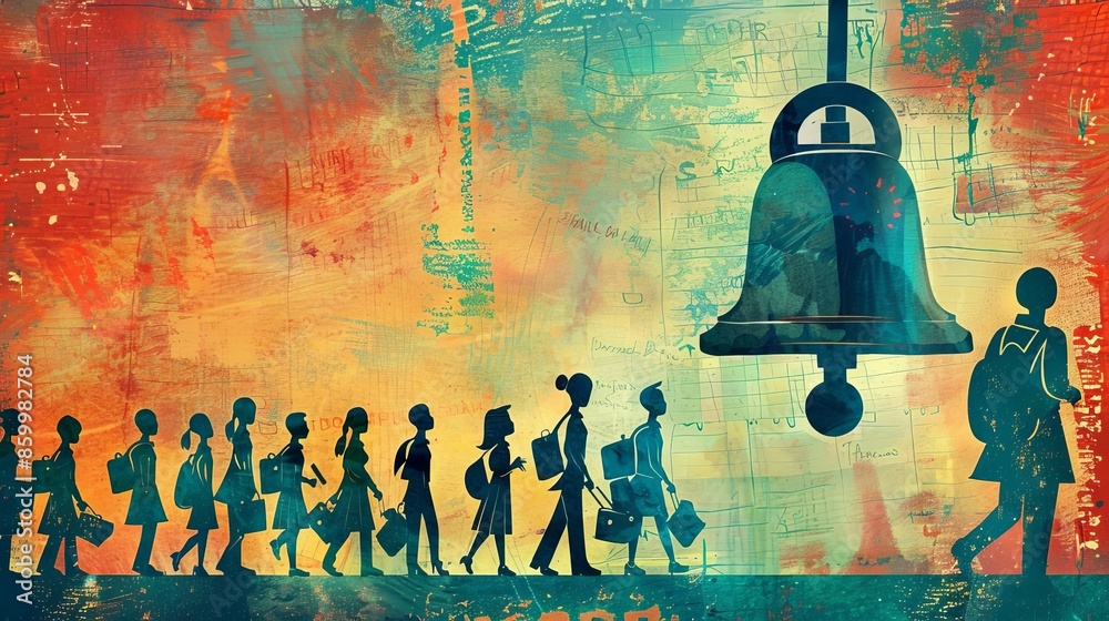 Create an image of a school bell ringing, signaling the start or end of ...