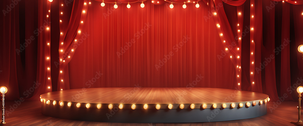 Circus stage podium background 3D carnival light red show curtain ...