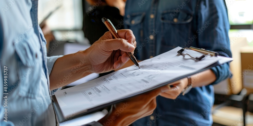 Customer reviewing a checklist with movers, highlighting the thorough ...