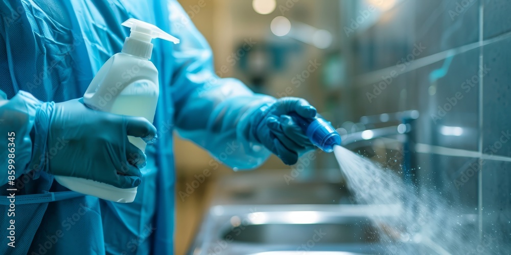 Cleaners using disinfectant sprays in a bathroom, highlighting the ...