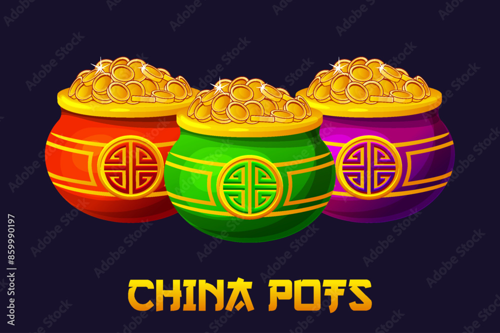 Chinese pots with coins. Happy symbol or object of Chinese culture ...