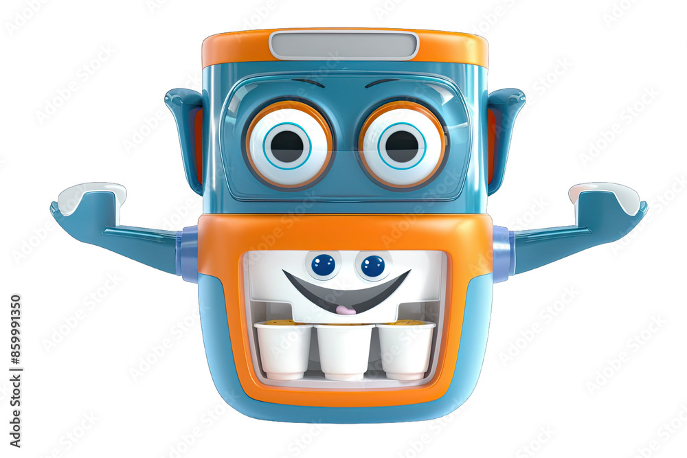 Colorful cartoon-style robot with big eyes and a wide smile, arms ...