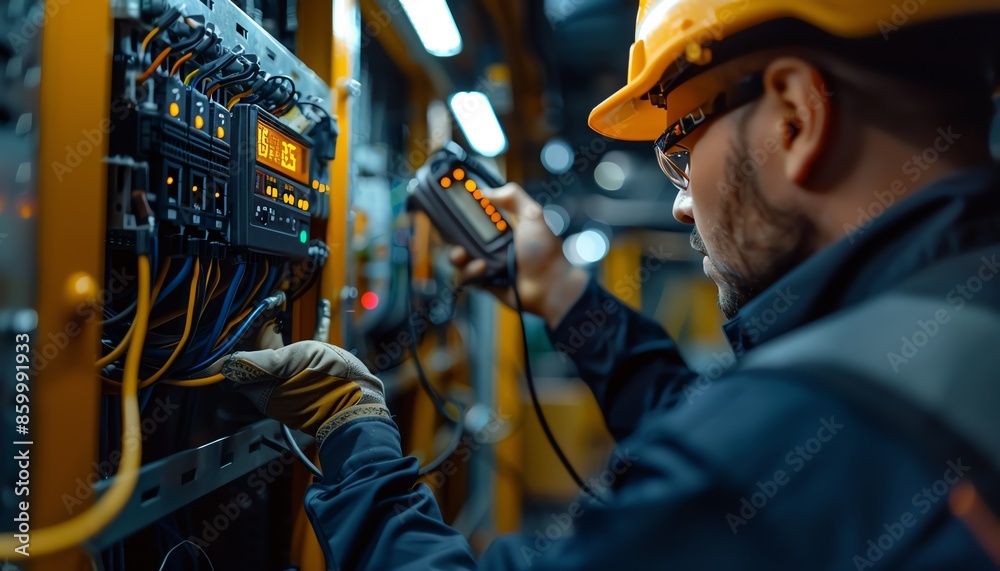 Engineer holding AC voltmeter checking electric current voltage at ...
