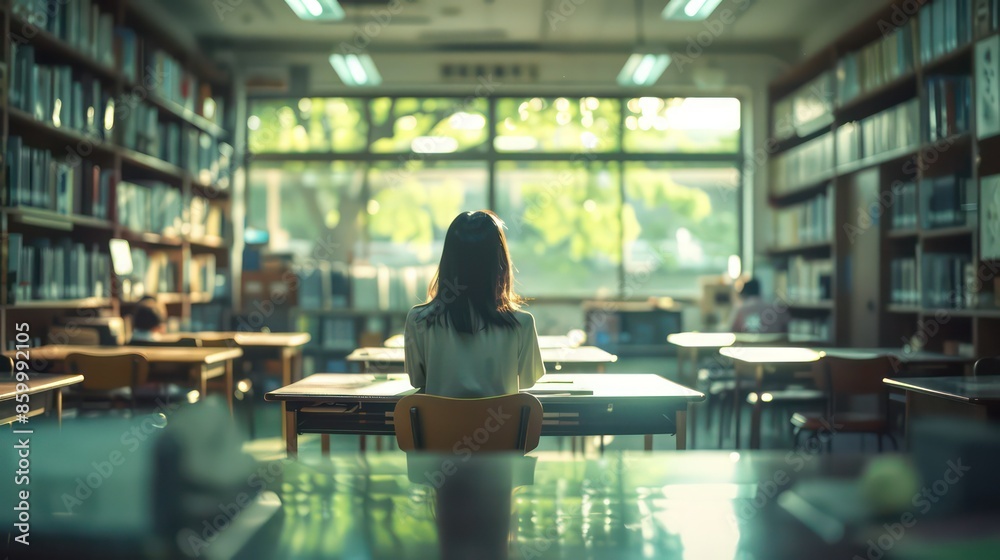 Modern Library with Student Studying and Bookshelves in Focus Stock ...