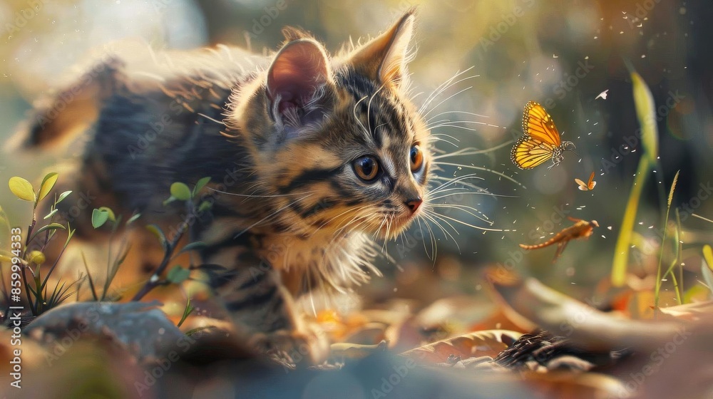 High-angle perspective of a mischievous cat chasing a butterfly, with ...