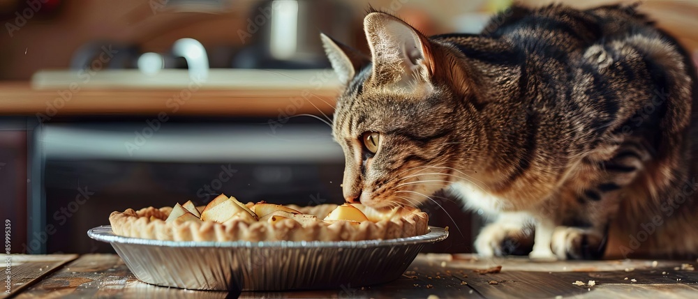 Illustrate a close-up, eye-level scene of a curious tabby cat playfully ...
