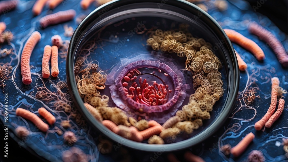 A magnifying lens and a decorative gut reveal pathogenic germs within ...