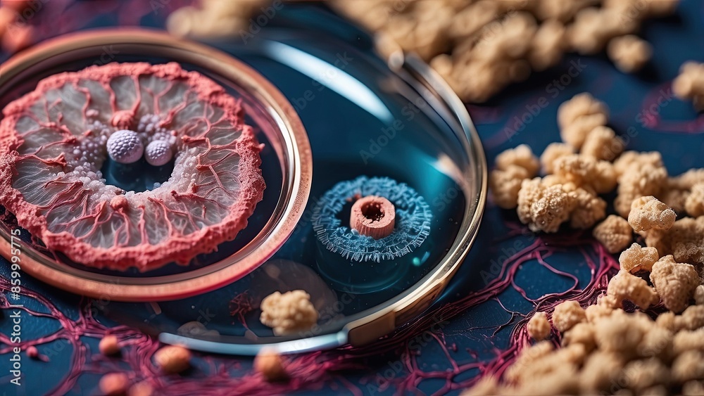 A magnifying lens and a decorative gut reveal pathogenic germs within ...