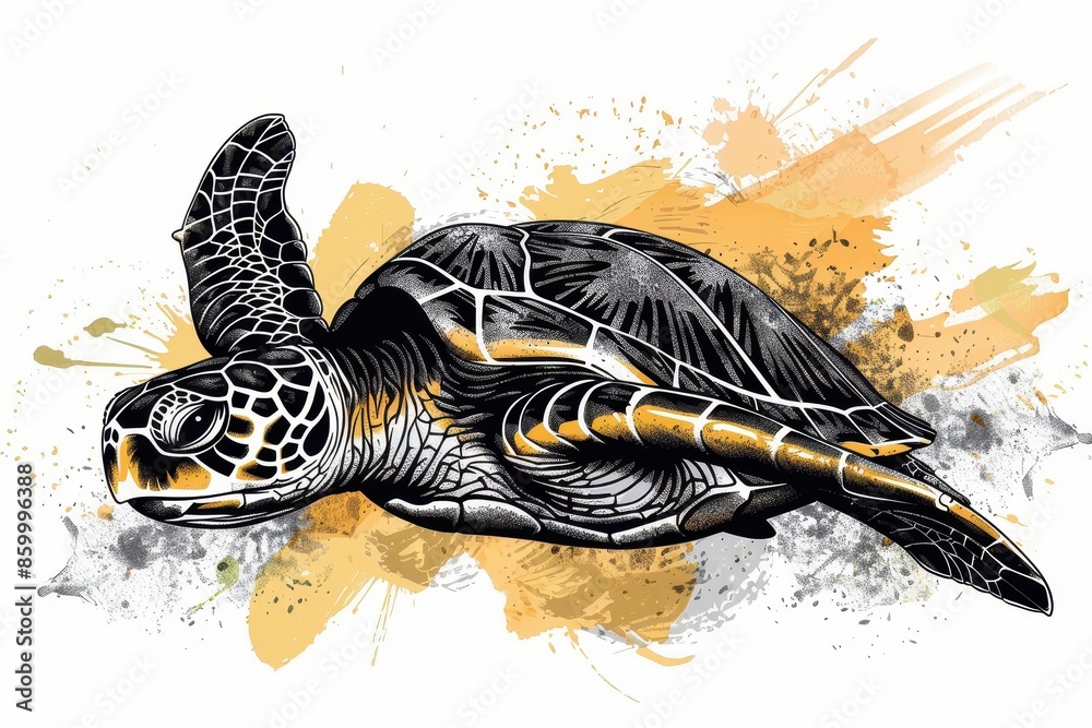 Sea Turtle with cute designs, line art, line drawing, black isolated on ...