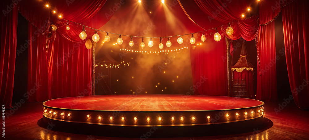 Circus stage podium background 3D carnival light red show curtain ...