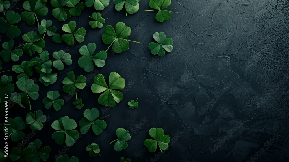 Digital painting of multiple four-leaf clovers on a dark background ...