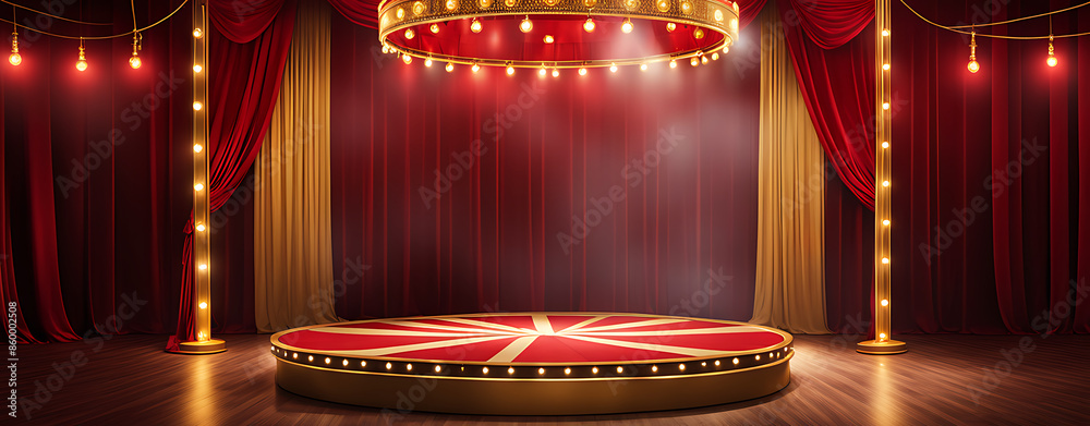 Circus stage podium background 3D carnival light red show curtain ...