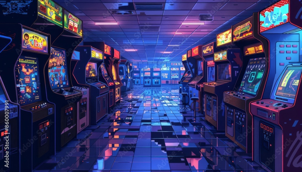 Retro arcade glowing with neon lights, featuring rows of classic gaming ...