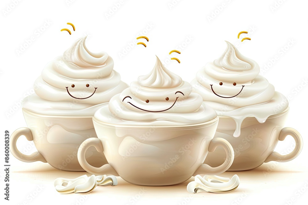 Endearing cartoon of a cheerful yogurt maker with smiling yogurt cups ...