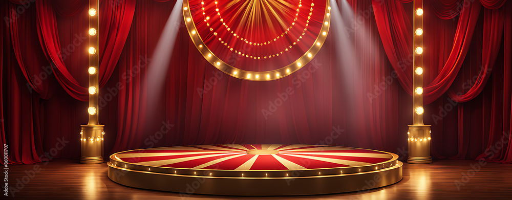Circus stage podium background 3D carnival light red show curtain ...