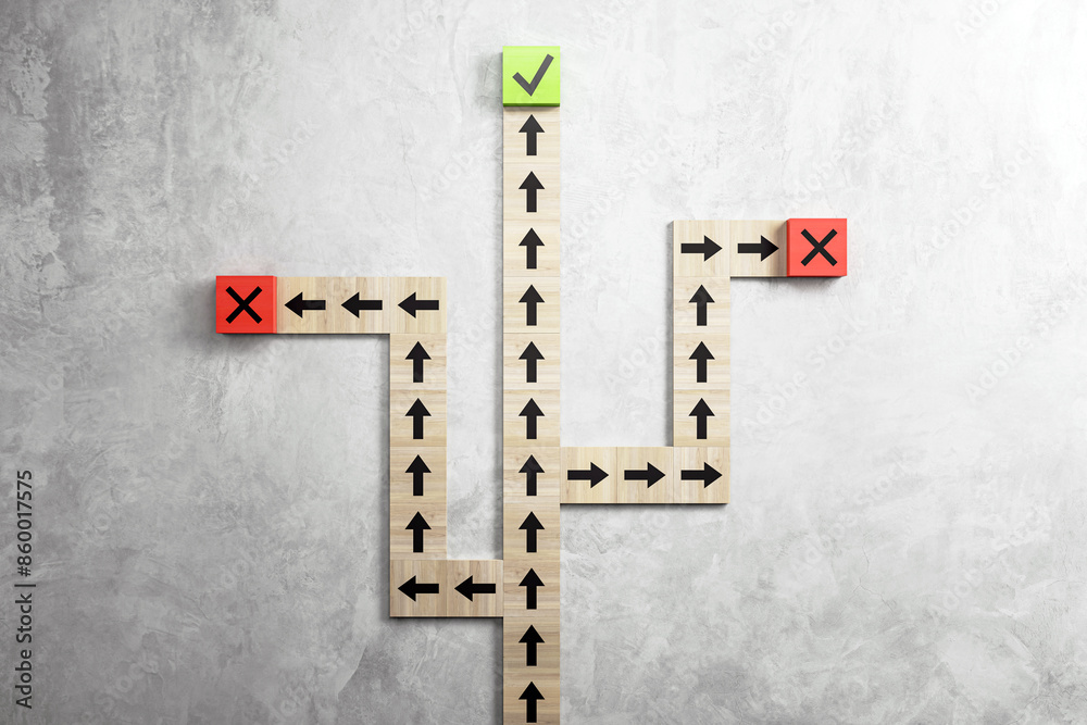 Wooden blocks with arrows pointing towards a green check mark and red ...