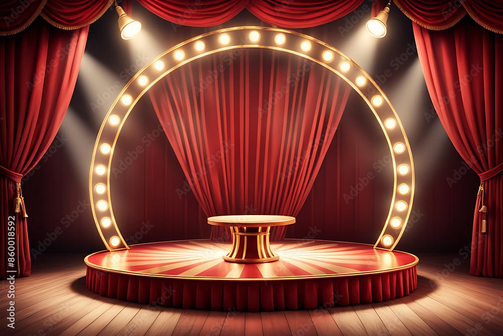 Circus stage podium background 3D carnival light red show curtain ...