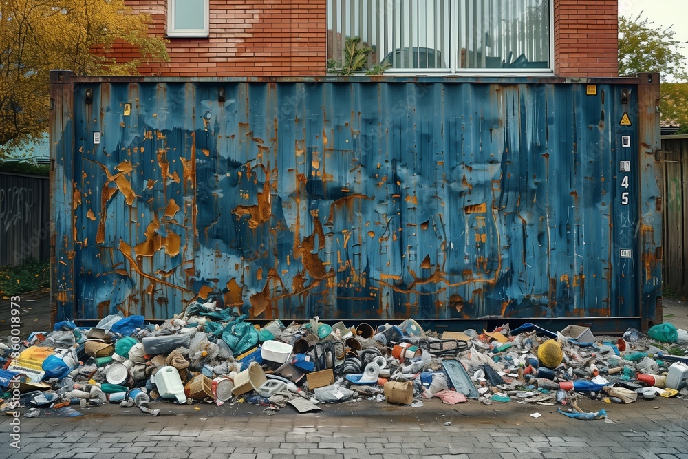 Blue Shipping Container With Trash Pile in Front of Brick Building ...
