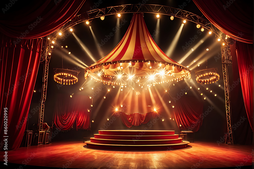 Circus stage podium background 3D carnival light red show curtain ...