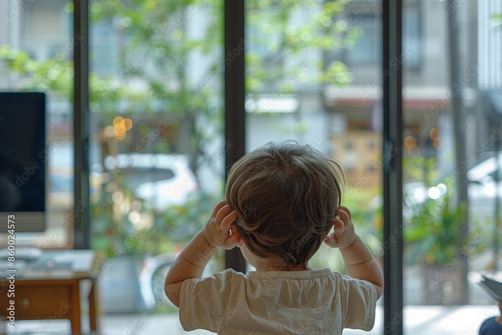 A small child stands indoors facing a large window looking outside ...